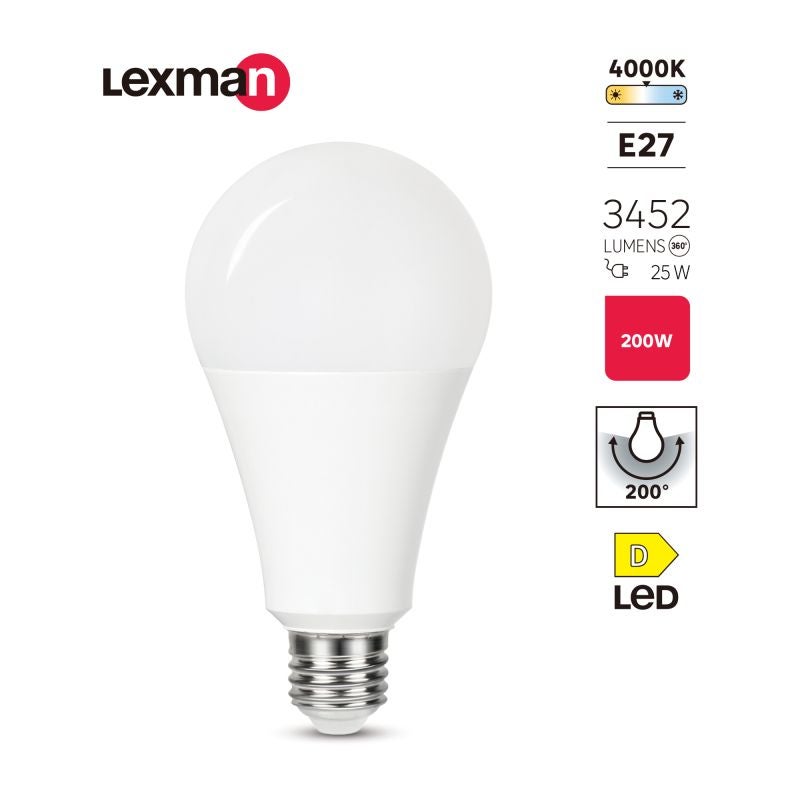 Bec LED Lexman, E27, A80, 25 W, alb neutru, 4000K, 3452 lm, mat