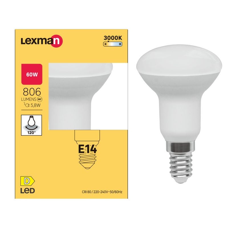 Bec LED Lexman, E14, R50, 5.8 W, alb cald, 3000K, 806lm, mat