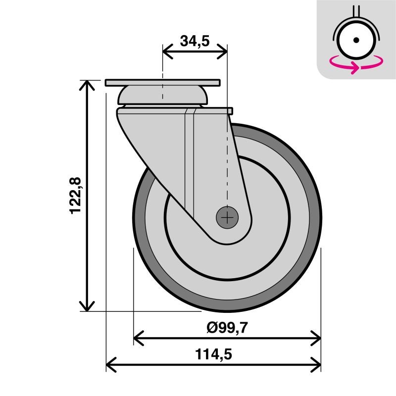 Roata pivotanta cu flansa, Ø 100 mm, max 70 kg, neagra