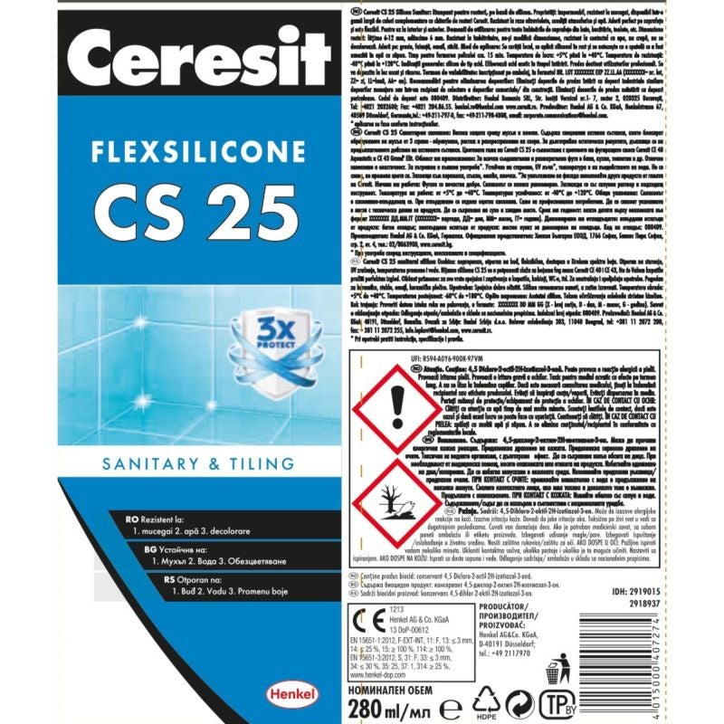 Silicon sanitar Ceresit CS25, pentru baie si bucatarie, alb, 280 ml