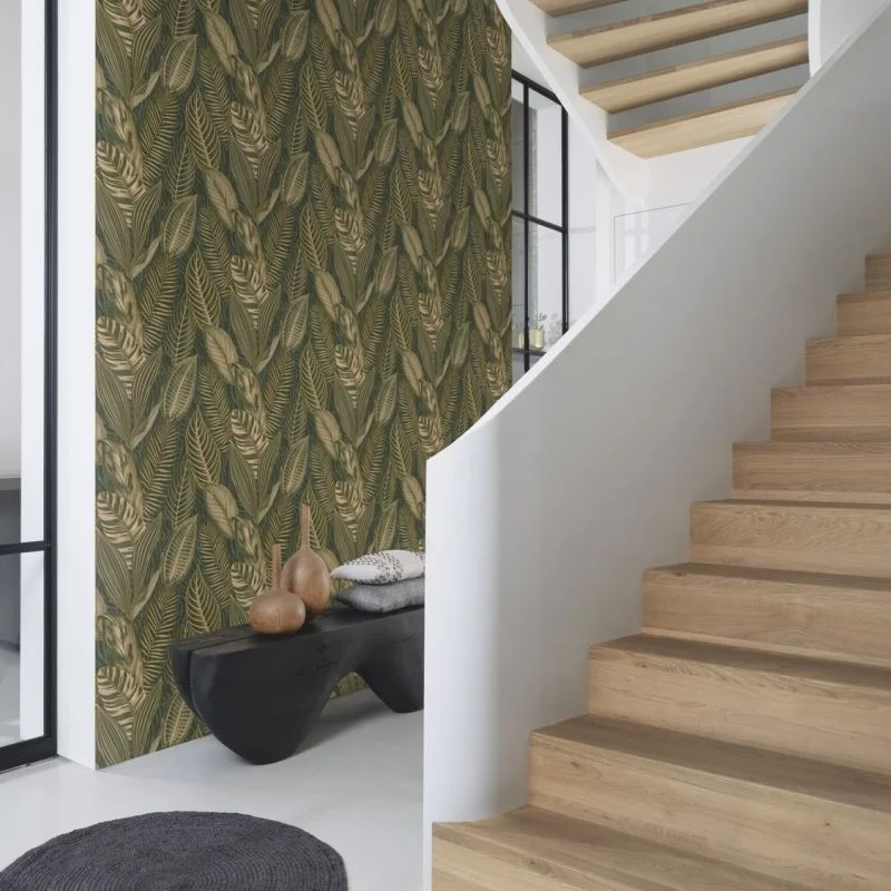 Tapet vinil model frunze, verde inchis, rola 10 x 0.53 m