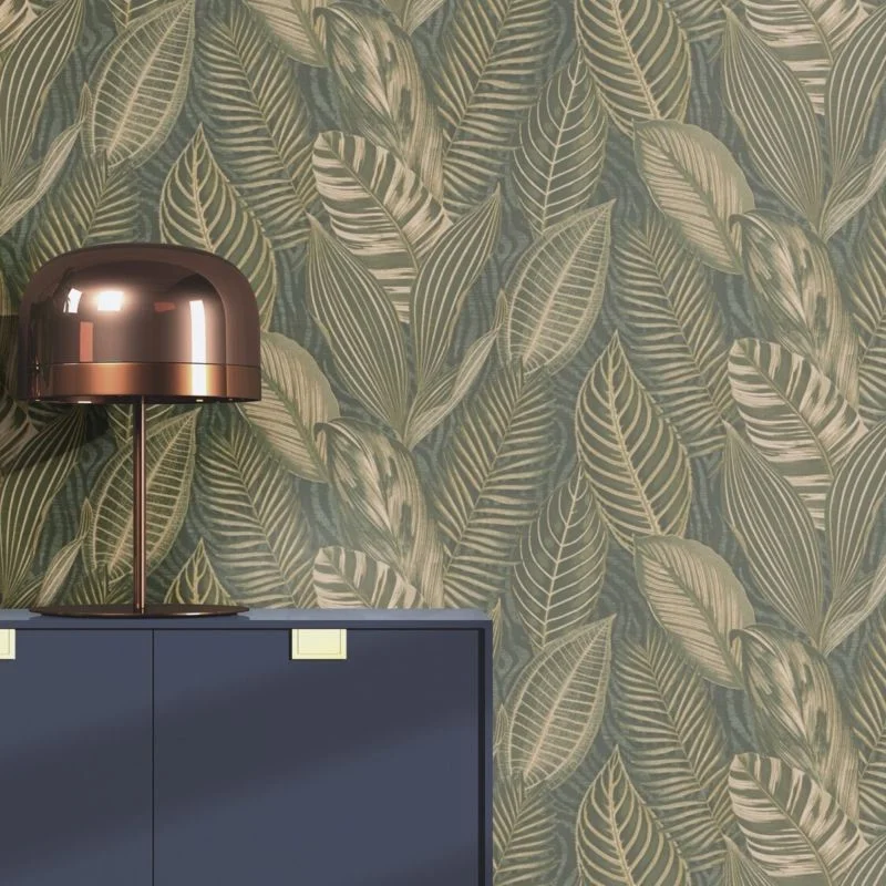 Tapet vinil model frunze, verde inchis, rola 10 x 0.53 m