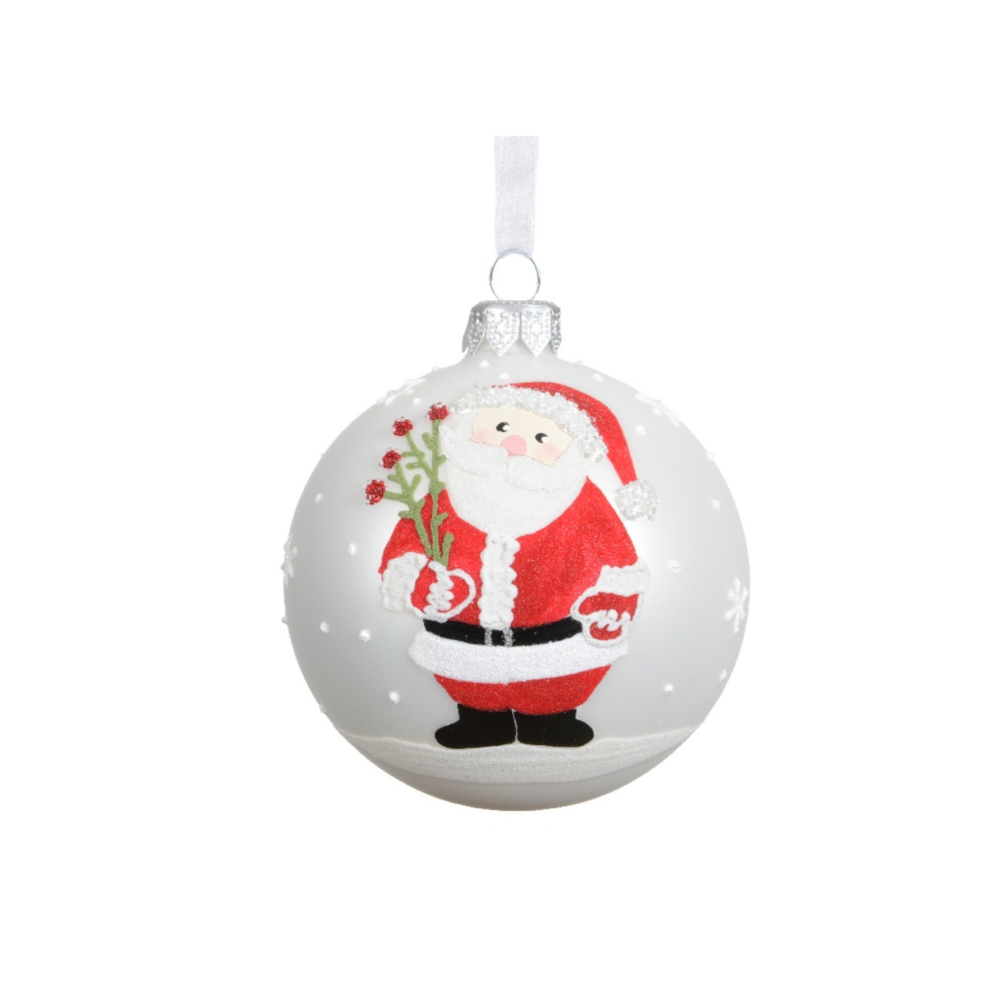 Glob de Craciun, pentru brad, model Mos Craciun, sticla, Ø 8 cm, alb mat
