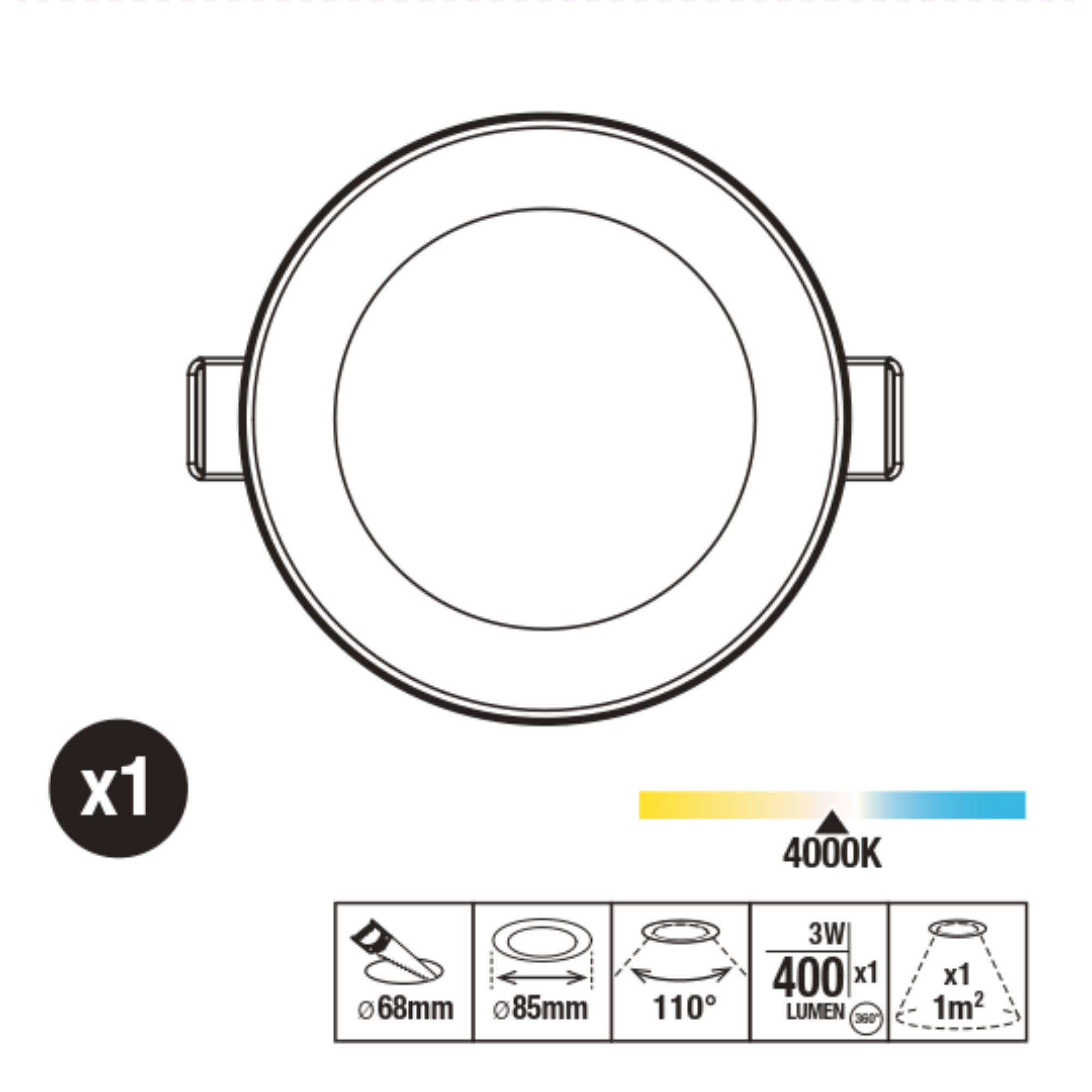 Spot LED incastrat, 3 W, alb neutru, 4000K, 400lm, alb