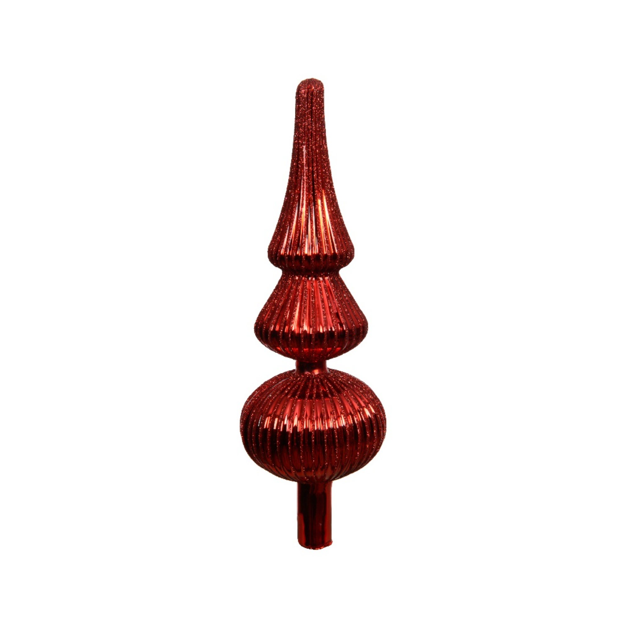 Varf de brad, model conic, cu sclipici, sticla, inaltime 31 cm, rosu
