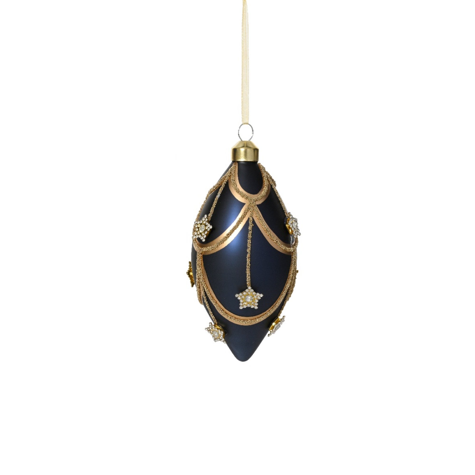 Glob de Craciun, pentru brad, forma oval, cu margele, sticla, Ø 8 cm, auriu