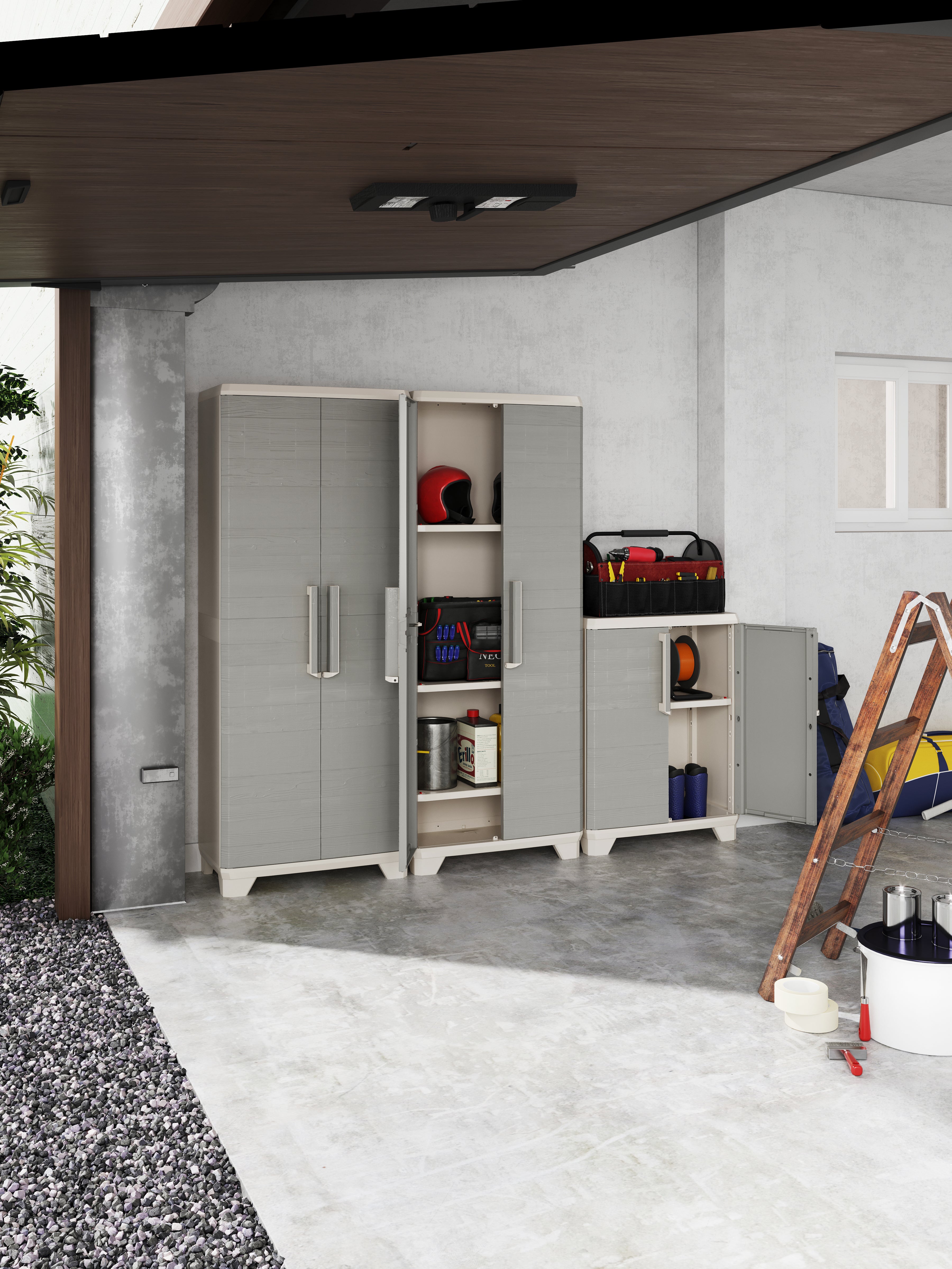 Dulap plastic Low, cu 2 usi, 90 x 68 x 39 cm, 1 polita, decor linear wood