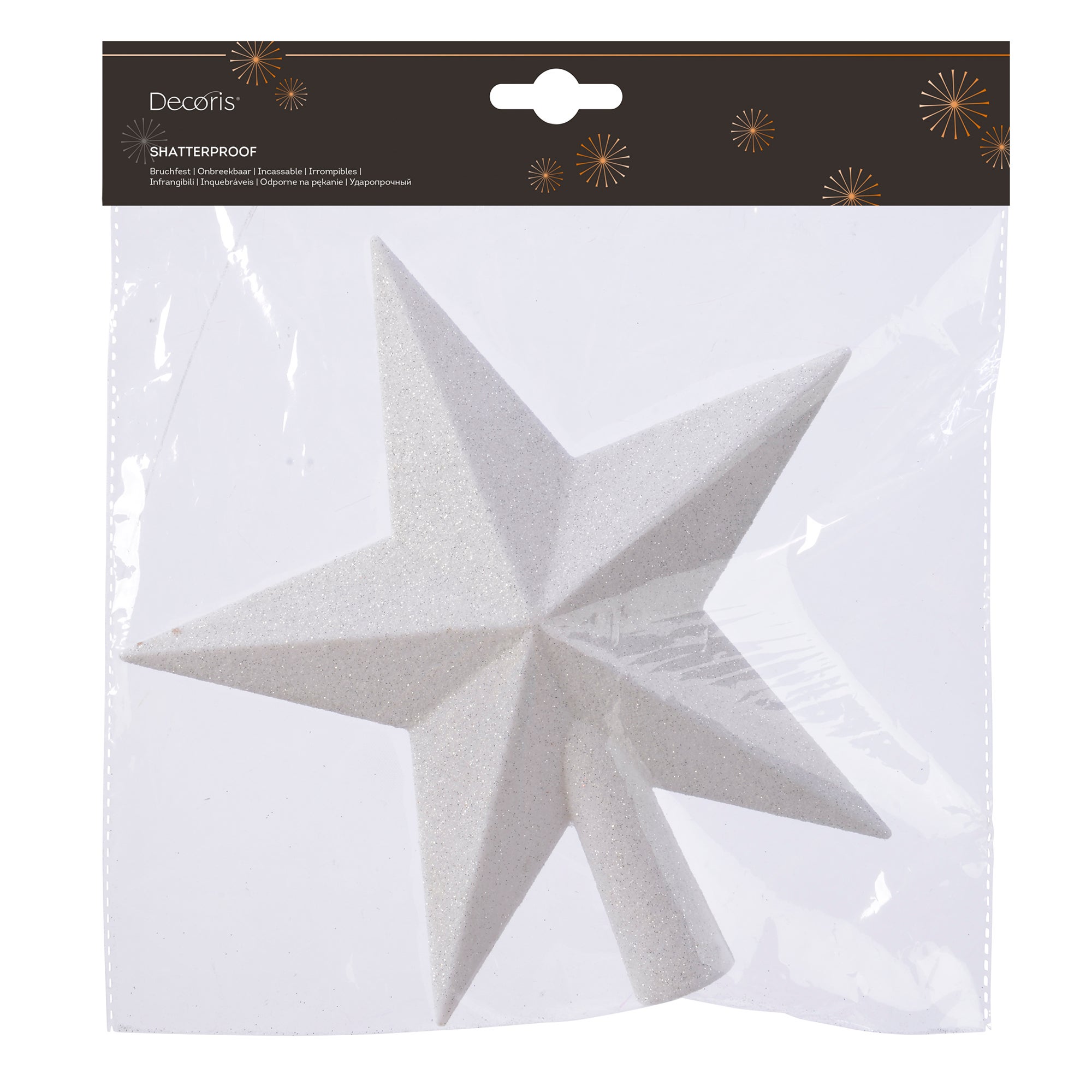 Varf de brad, forma stea, polistiren, inaltime 19 cm, alb, sclipici