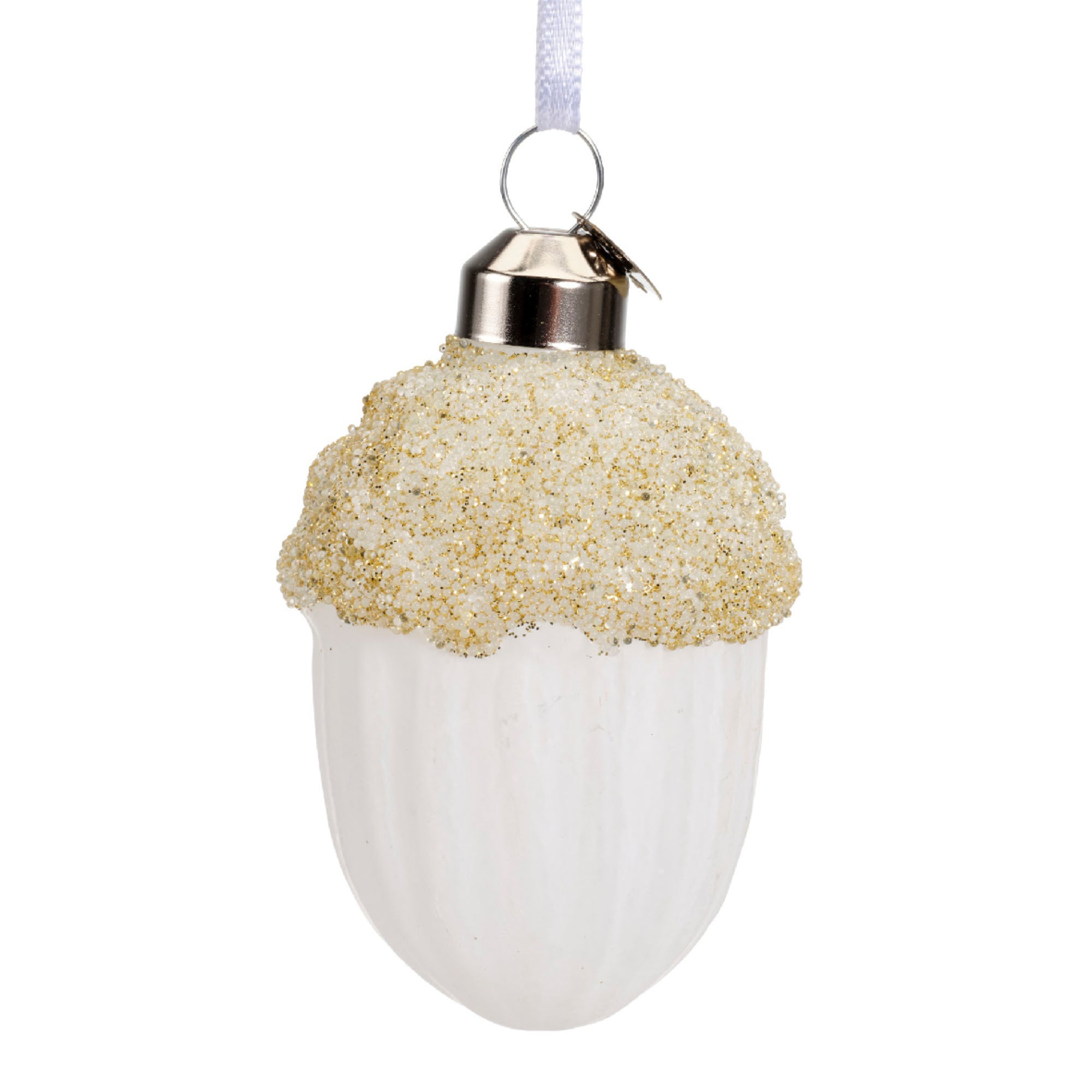 Ornament Craciun, pentru brad, forma ghinda, sticla, inaltime 7.5 cm, alb