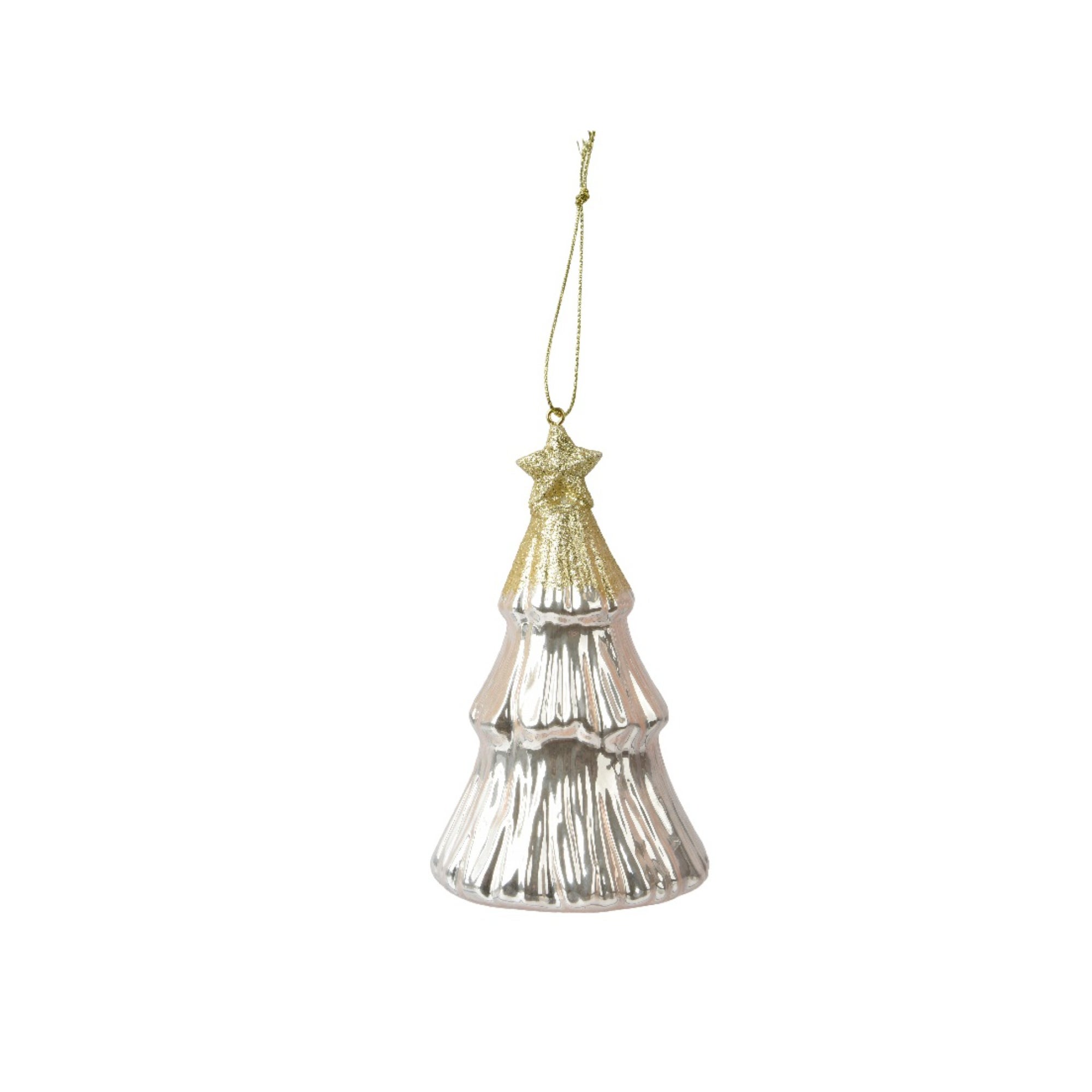Glob de Craciun, pentru brad, forma brad, sticla, inaltime 12.6 cm, crem