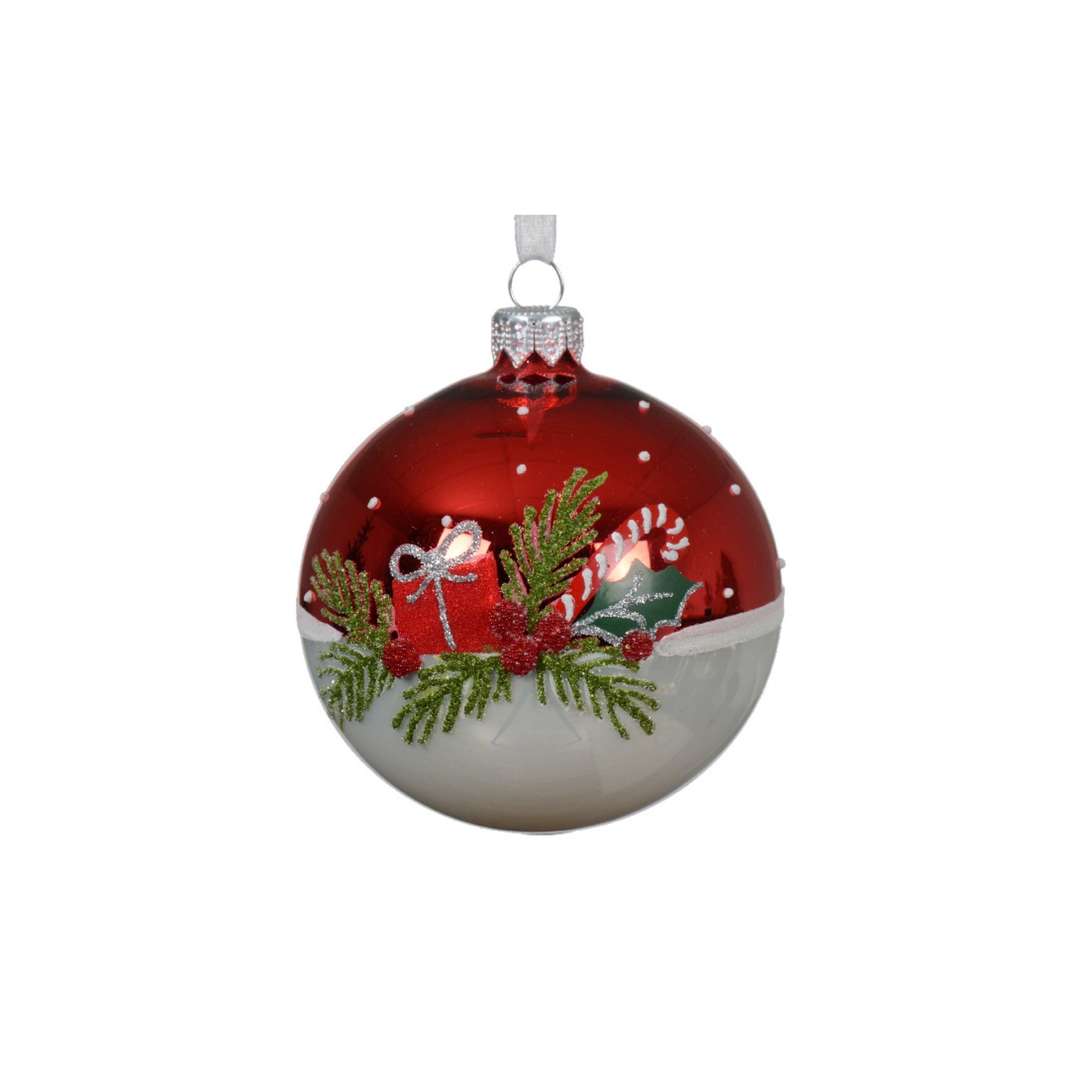 Glob de Craciun, pentru brad, model ramura cu cadou, sticla, Ø 8 cm, rosu