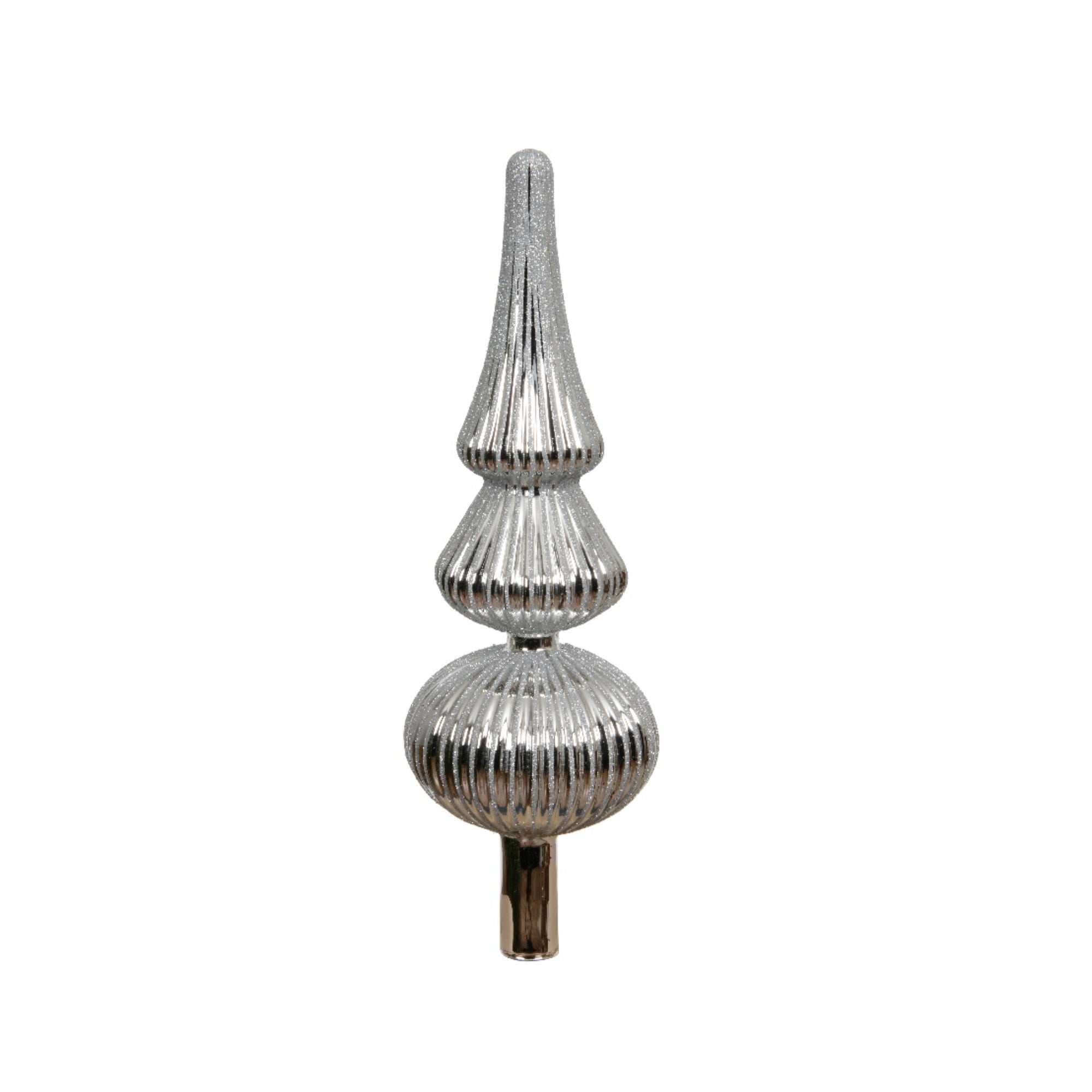 Varf de brad, model conic, cu sclipici, sticla, inaltime 31 cm, argintiu