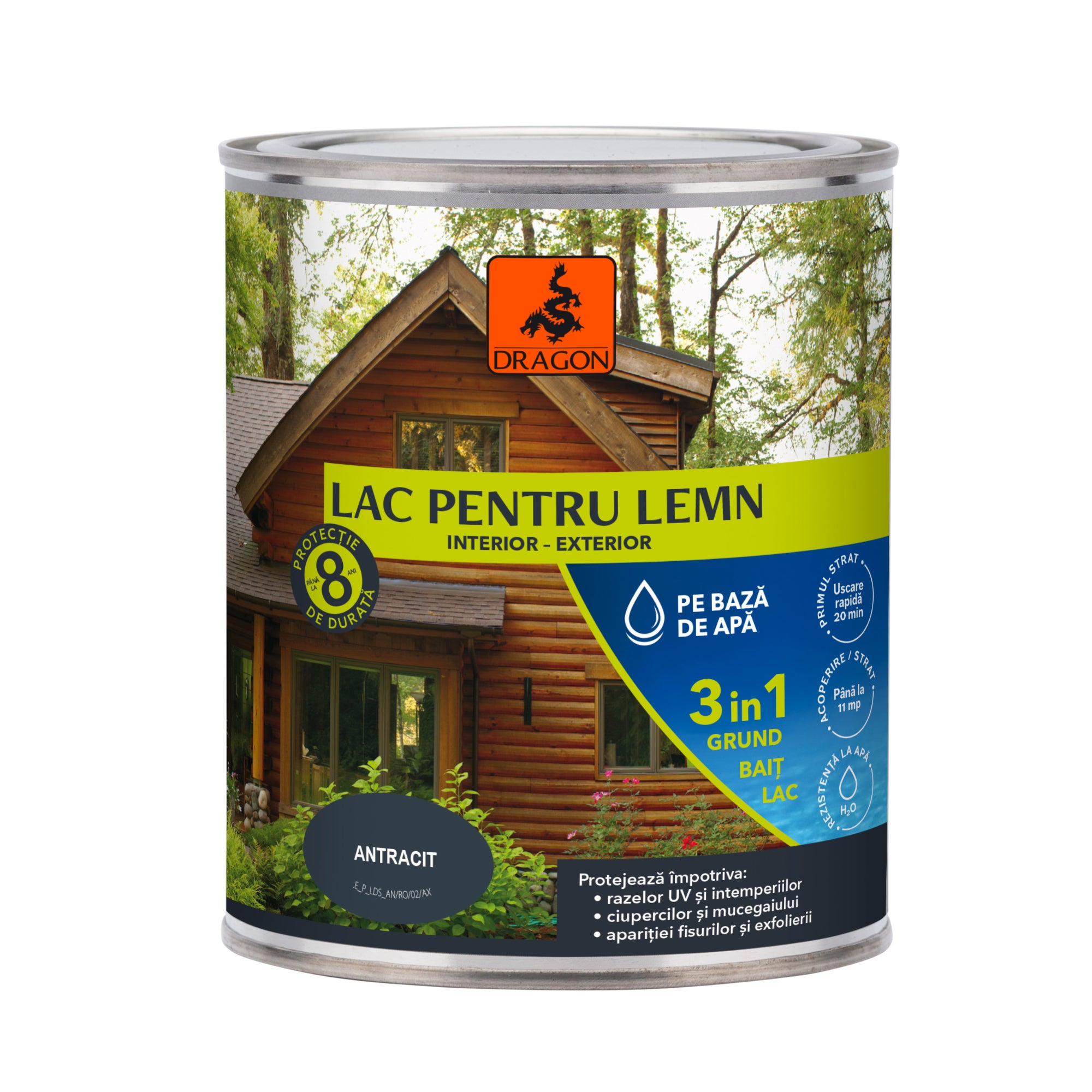 Lac pentru lemn Dragon, 3 in 1, interior/exterior, gri antracit, 2.5 L