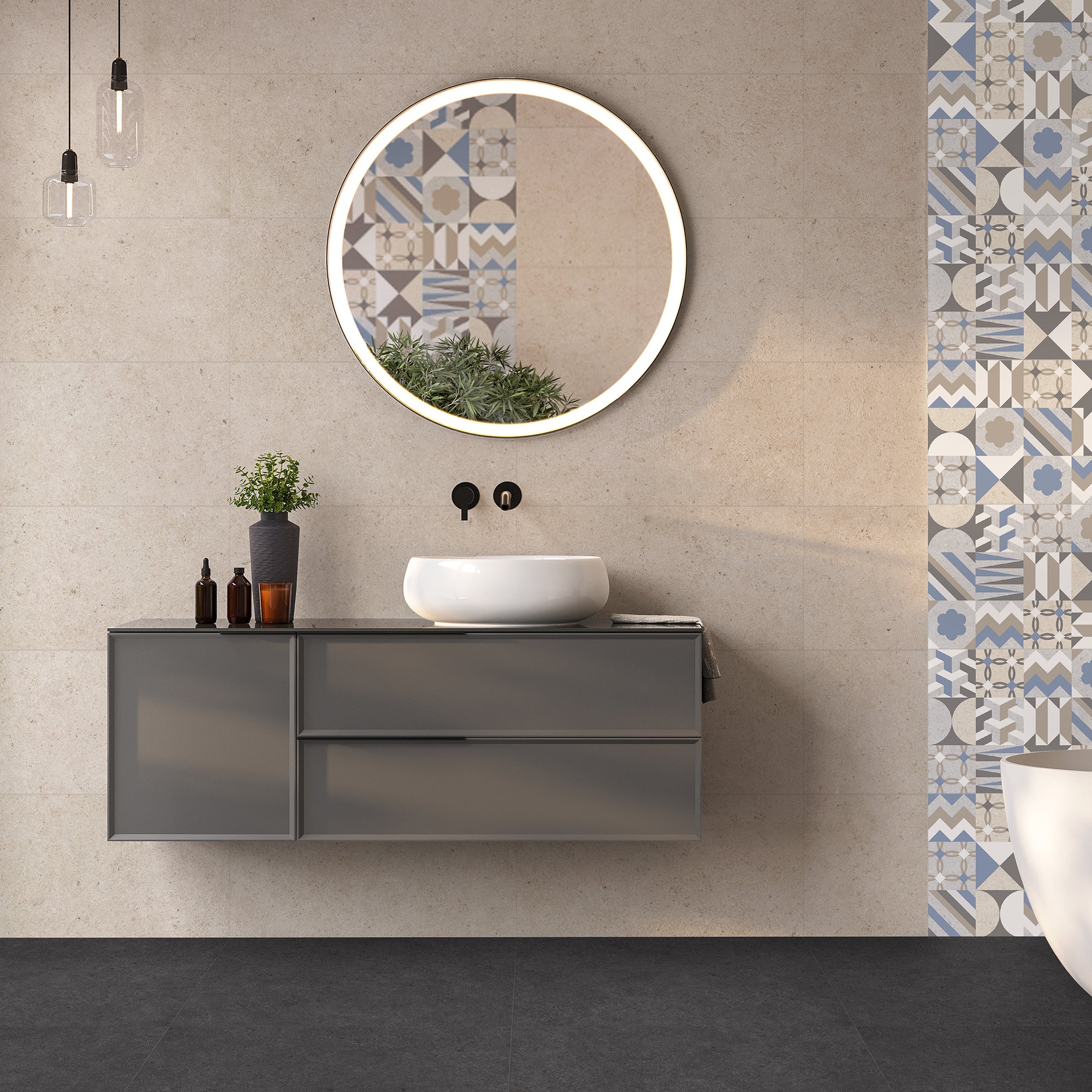 Faianta 30 x 60 cm, Therme, aspect ciment, ivoriu, mat